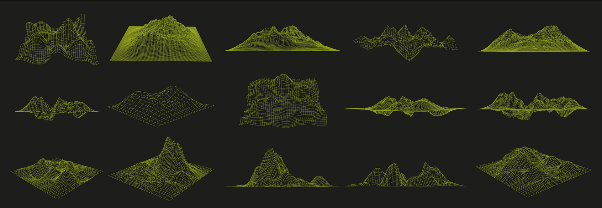 Wireframe landscapes. Futuristic 3D graph grid, cyber mesh mountains ...
