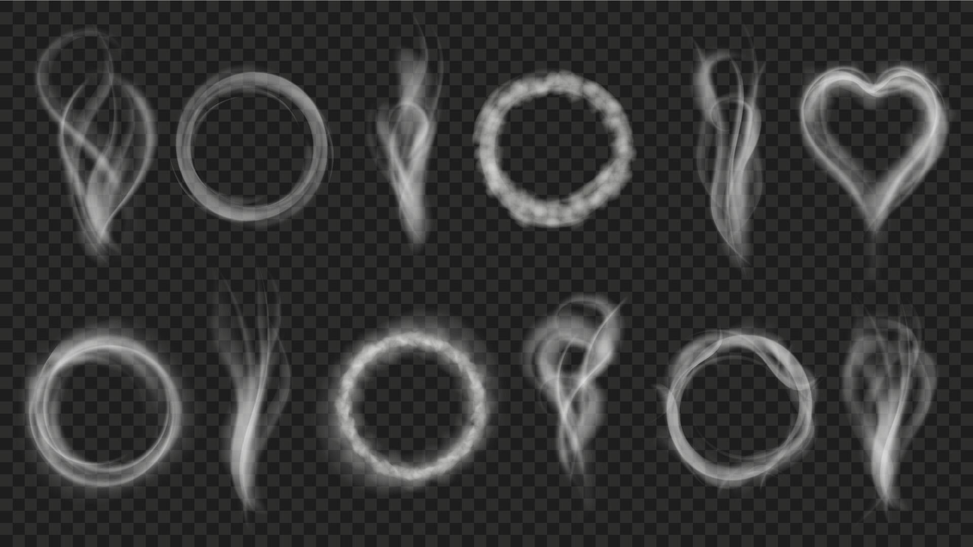 Smoke rings and waves. White cigarette smoke, hookah or vape rings and misty ethereal circles ...
