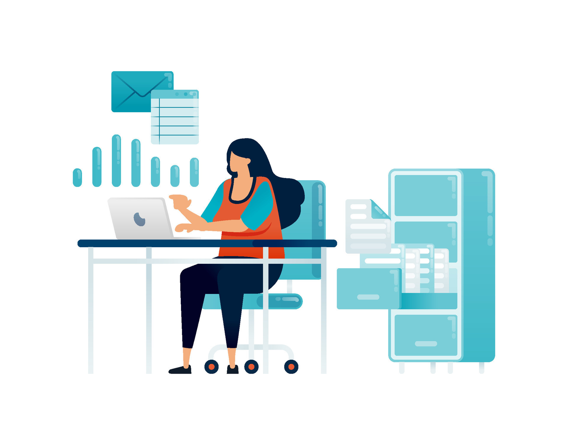 Workspace Illustration Of Business Woman Working Behind Desk And