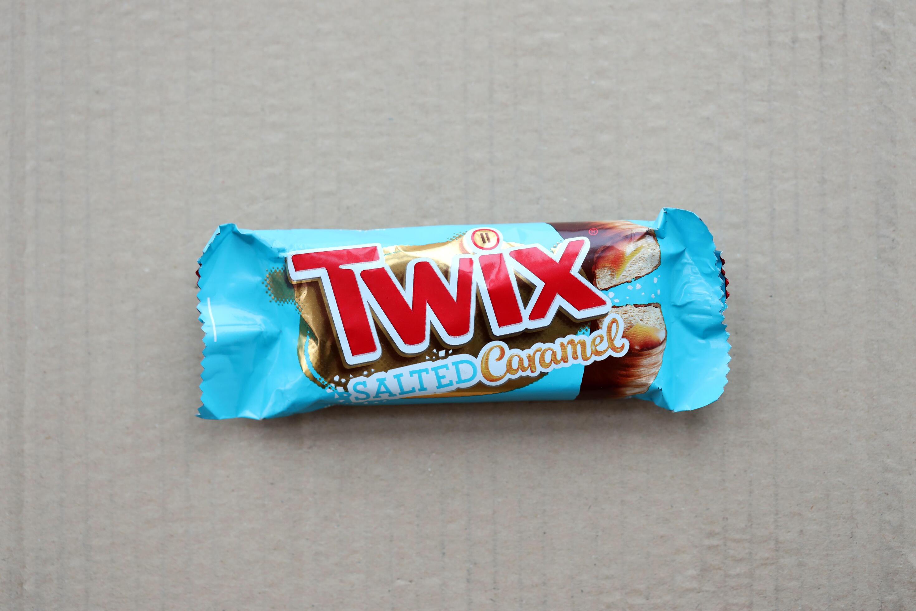 TERNOPIL, UKRAINE - JULY 7, 2023 Twix salted caramel blue wrapper on ...