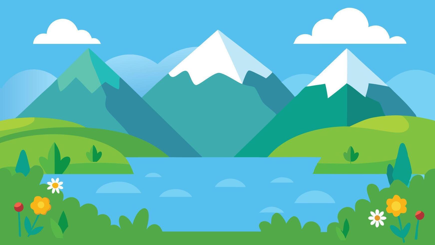 Landscape. Mountain lake landscape illustration. Cartoon flat panorama of spring summer ...