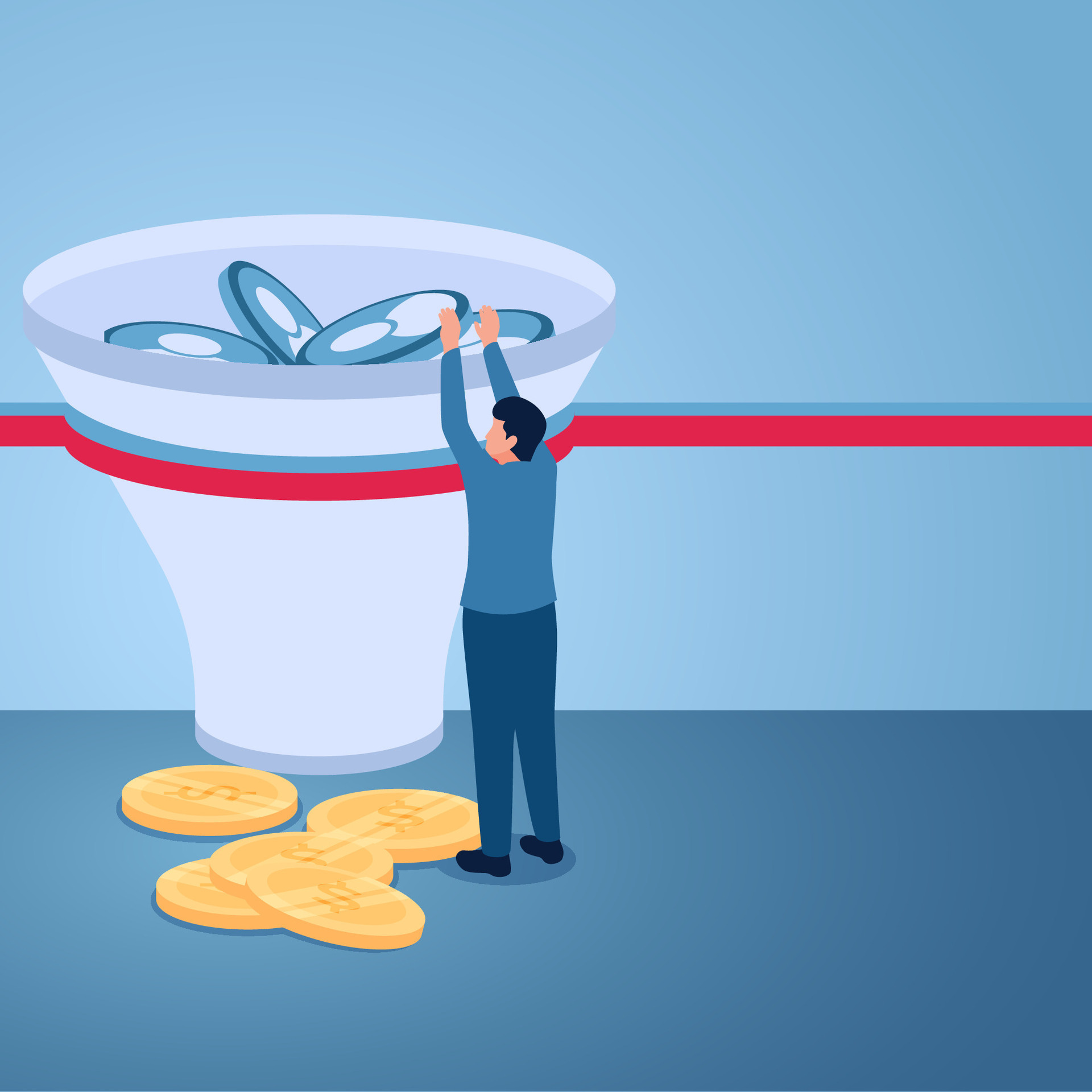A man inserts a user icon into a tunnel into coins, illustration for conversion optimization ...
