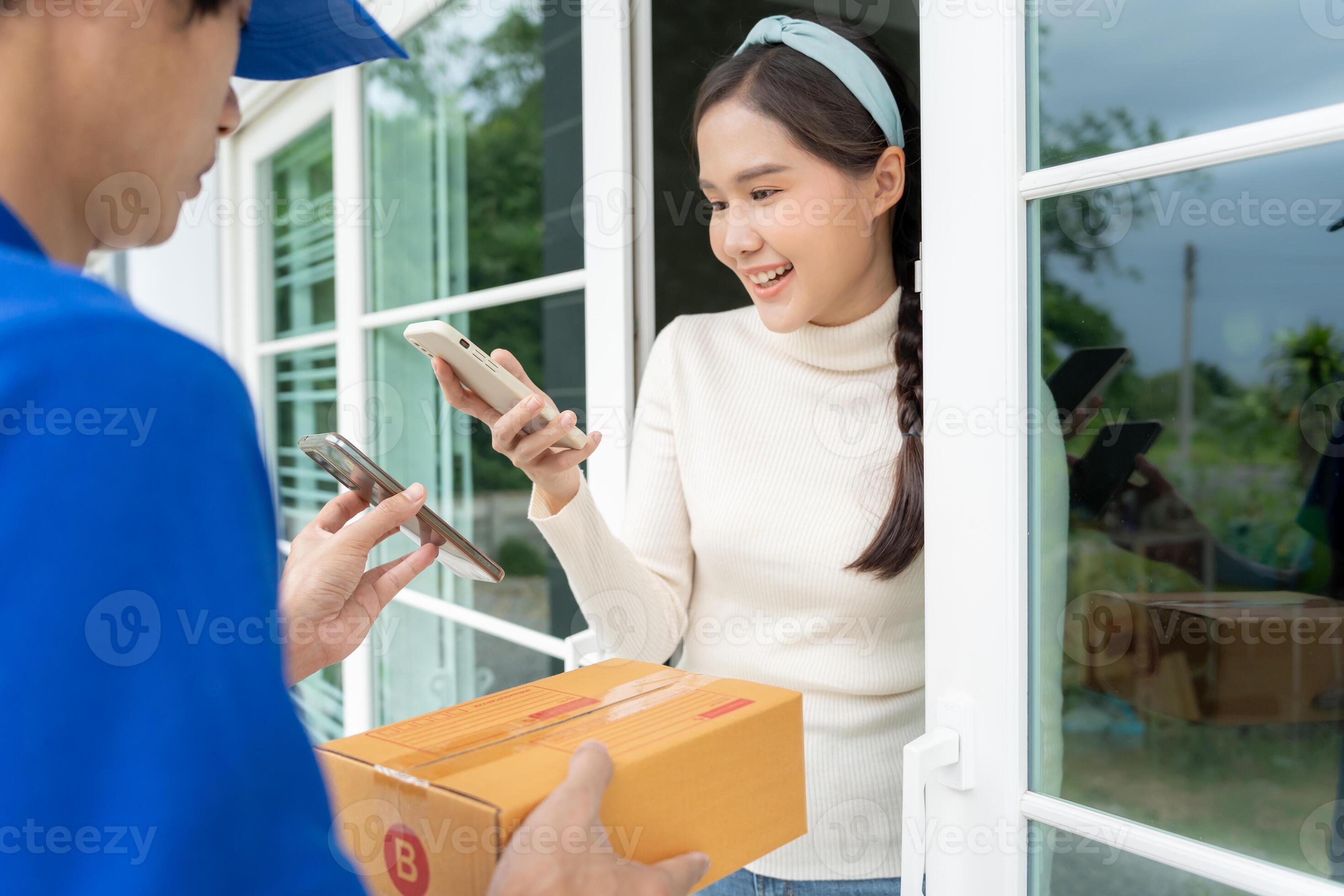 Happy smile Asian woman scan QR code for pay of food. Delivery man send deliver express. online ...