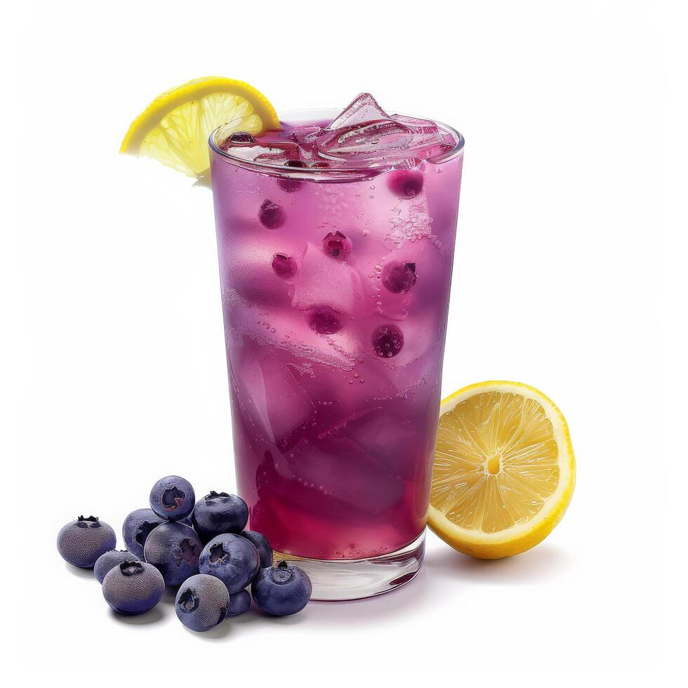 A tall glass of blueberry lemonade with ice, a lemon wedge, and blueberries 48443468 Stock Photo ...