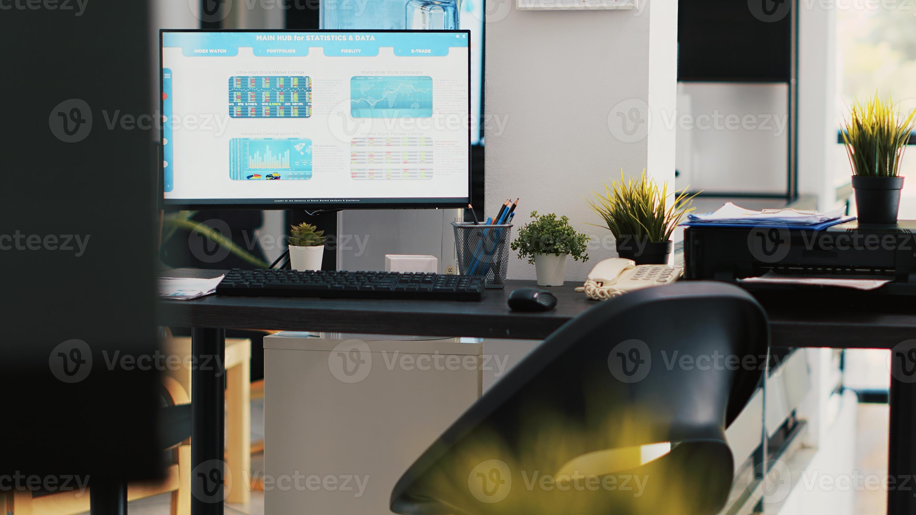 Empty company financial department with stock portfolio on computer ...