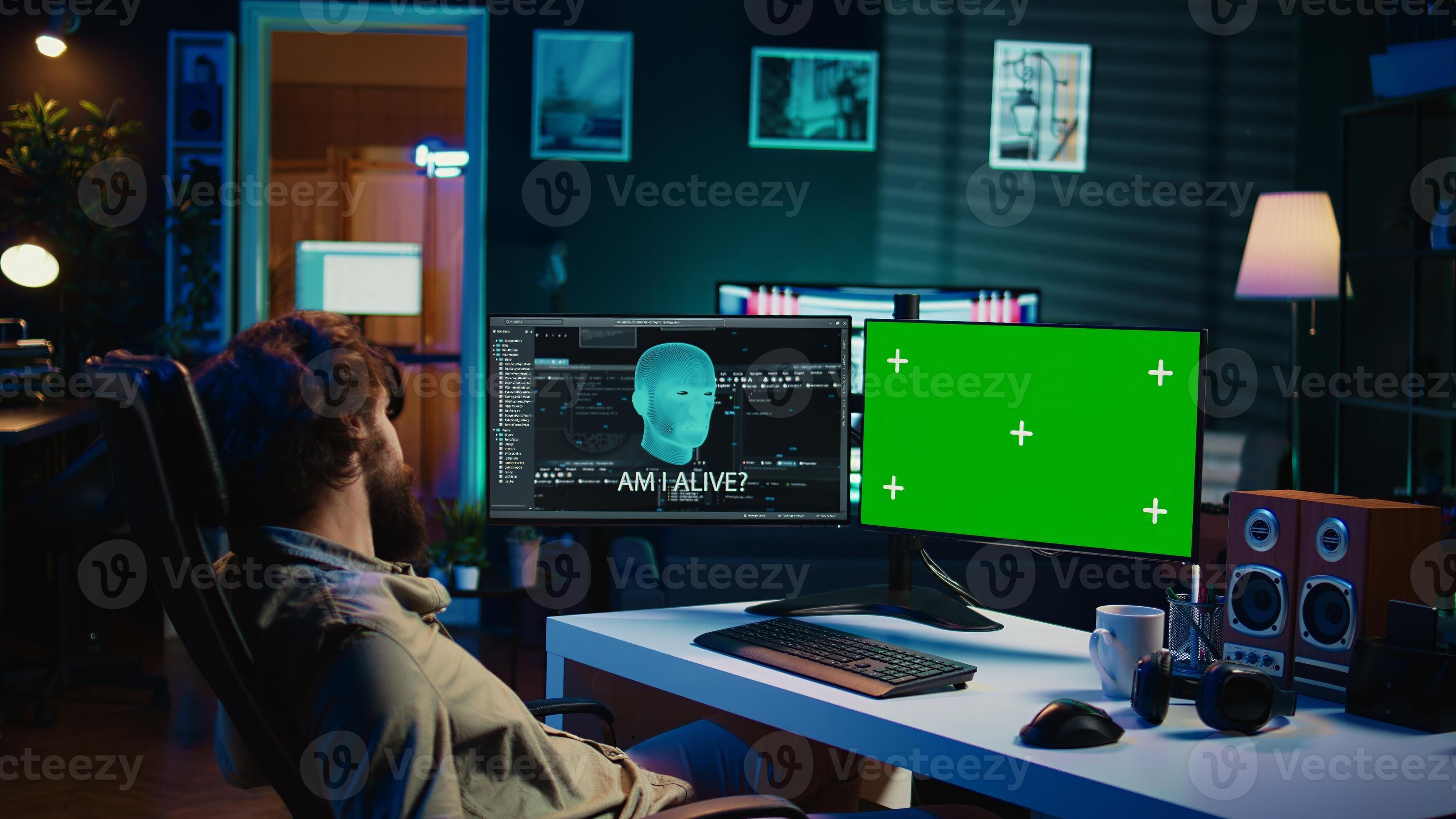 Programmer being asked existential questions by awaken AI on mockup PC gaining consciousness ...