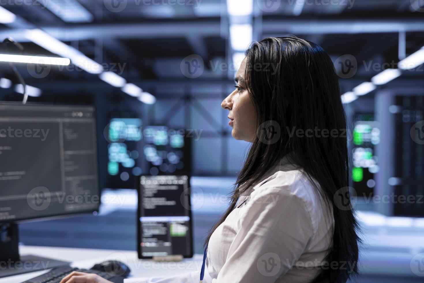 Admin in server hub checking recovery plan, monitoring data center energy consumption across ...