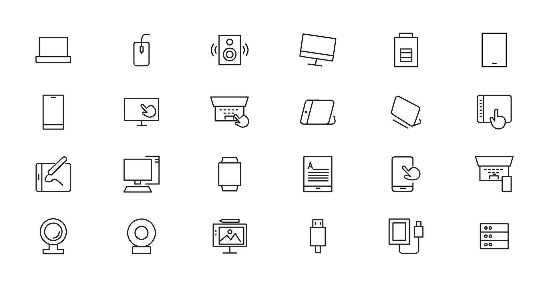 Device and technology line icon set. Electronic devices and gadgets, computer, equipment and ...