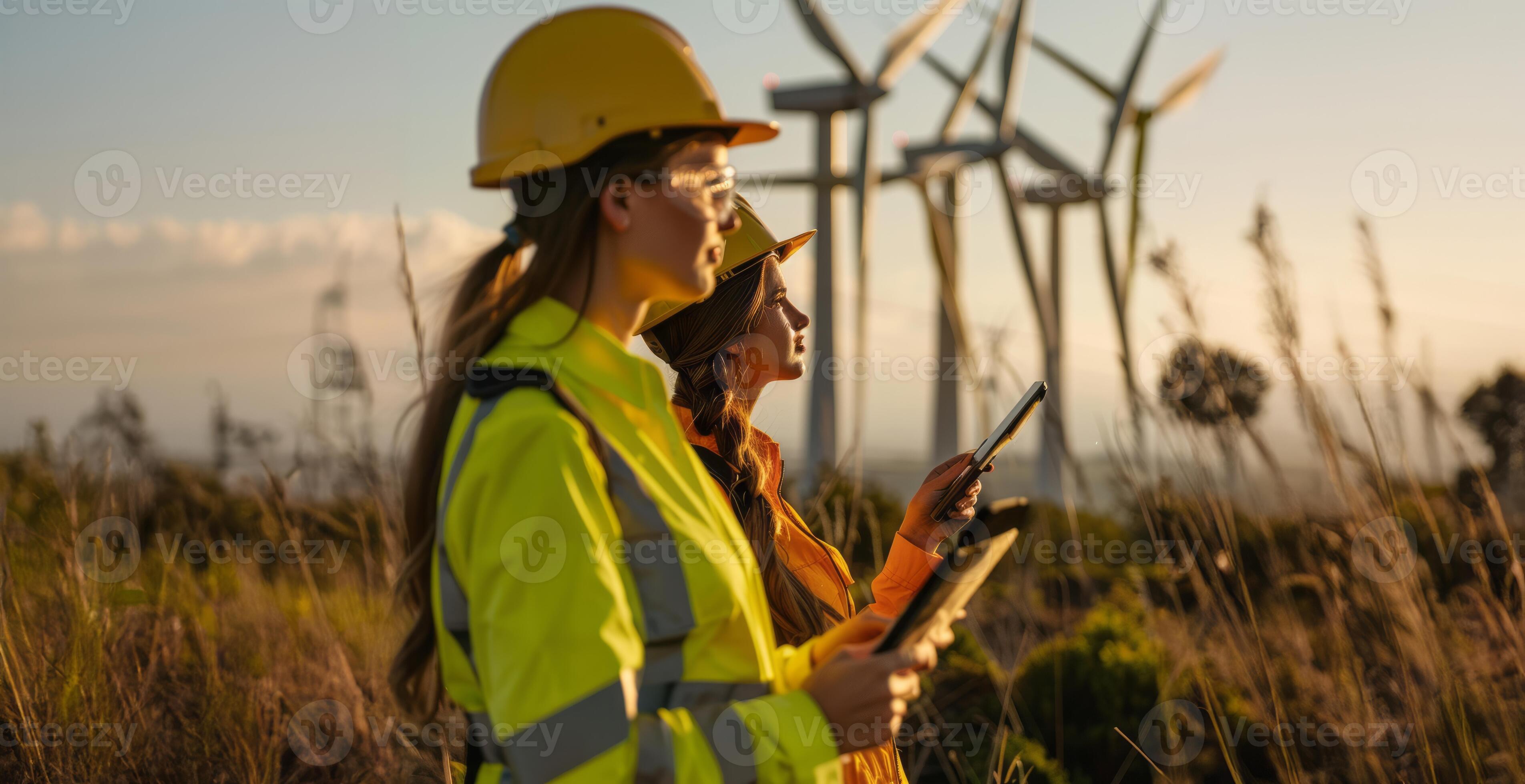 Female engineers using tablets to monitor and manage wind turbine ...