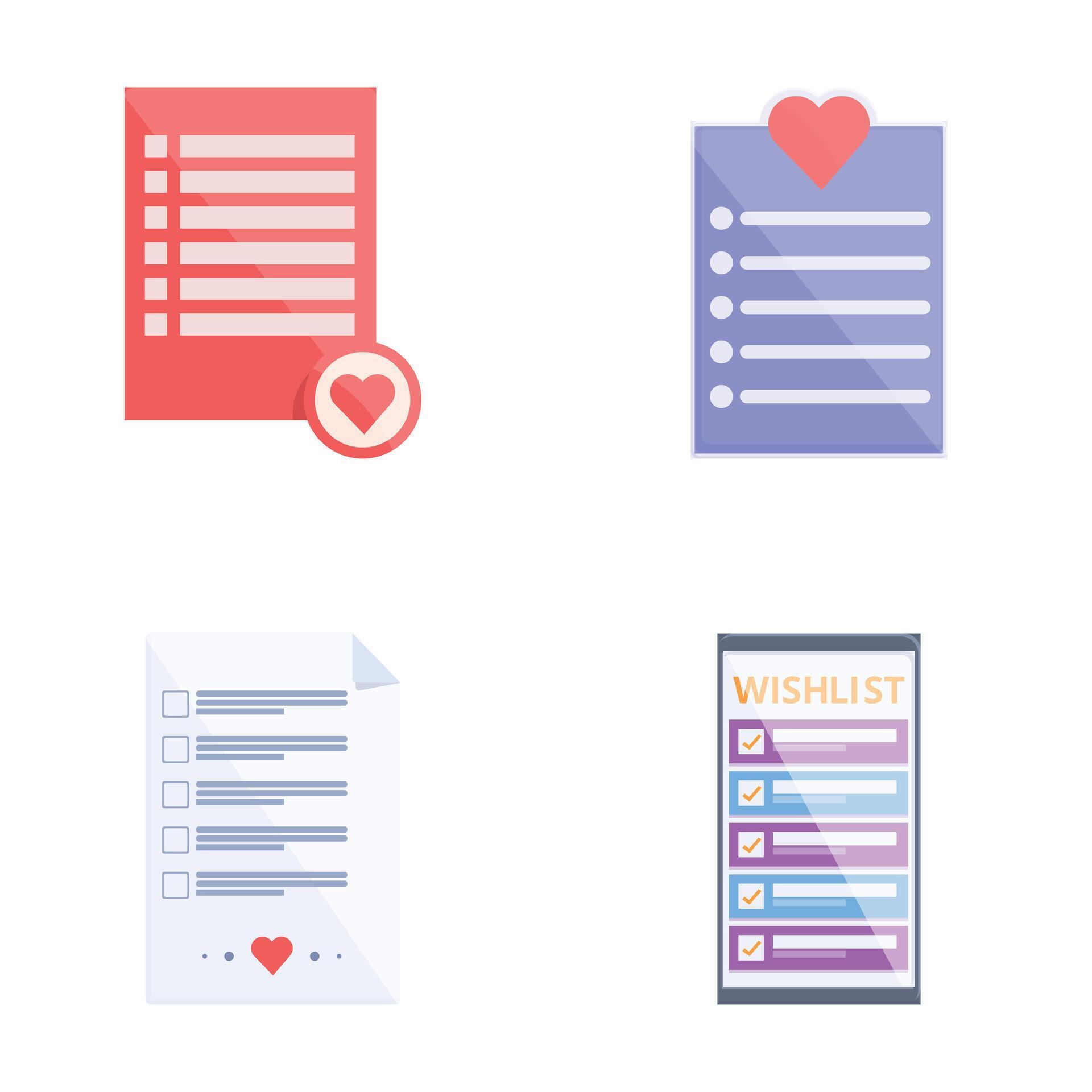 Different wishlist icons set cartoon vector. Wishlist for shopping ...