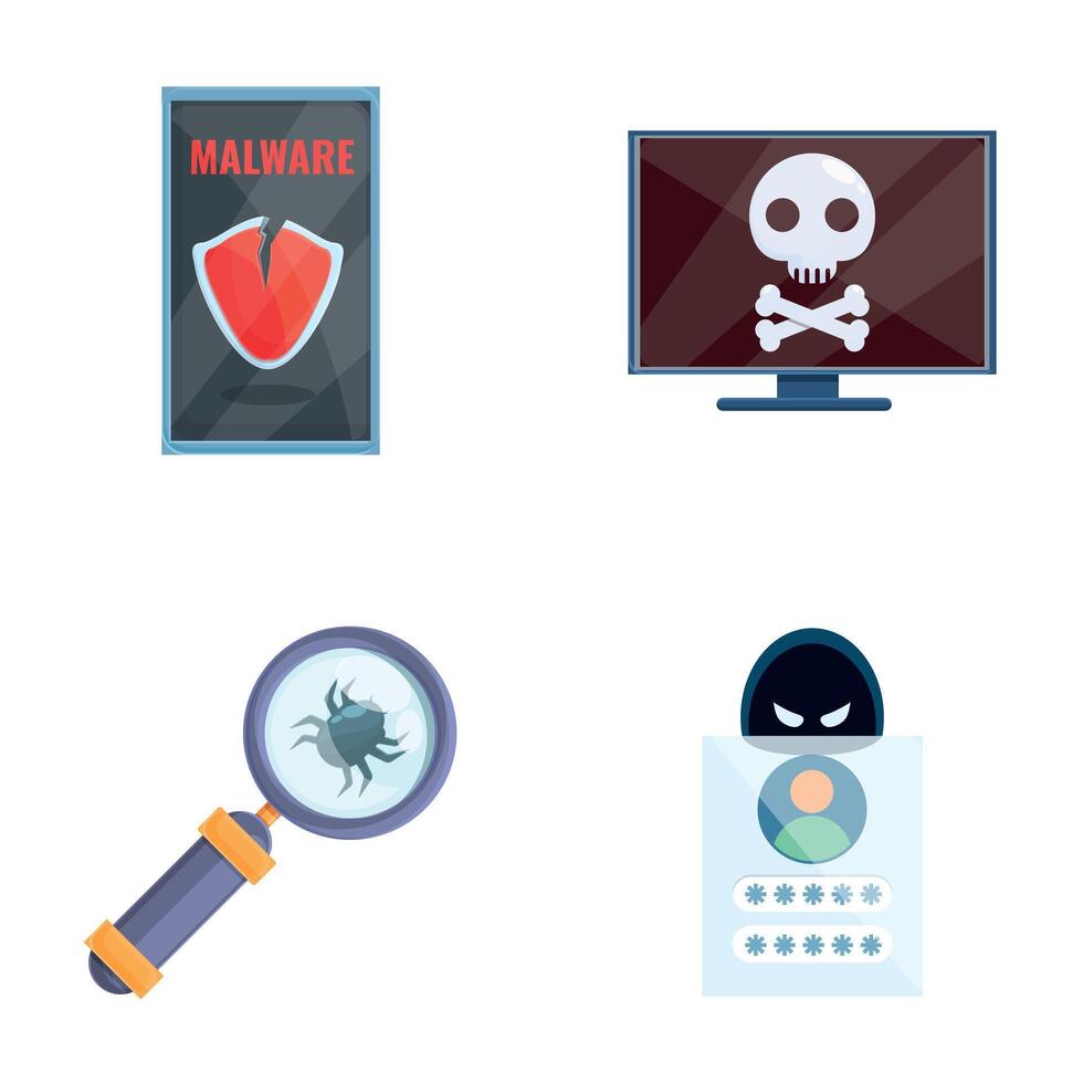 Cybercrime Icons Set Cartoon Vector Computer Bug Mobile Spam And Cyber Attack 48453796 Vector