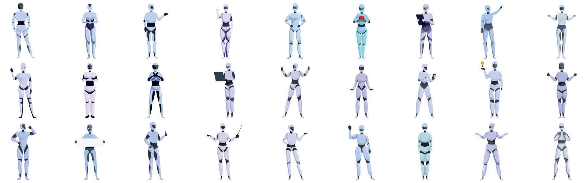 Lady robot icons set. Collection of robots posing and performing various tasks 48457482 Vector ...