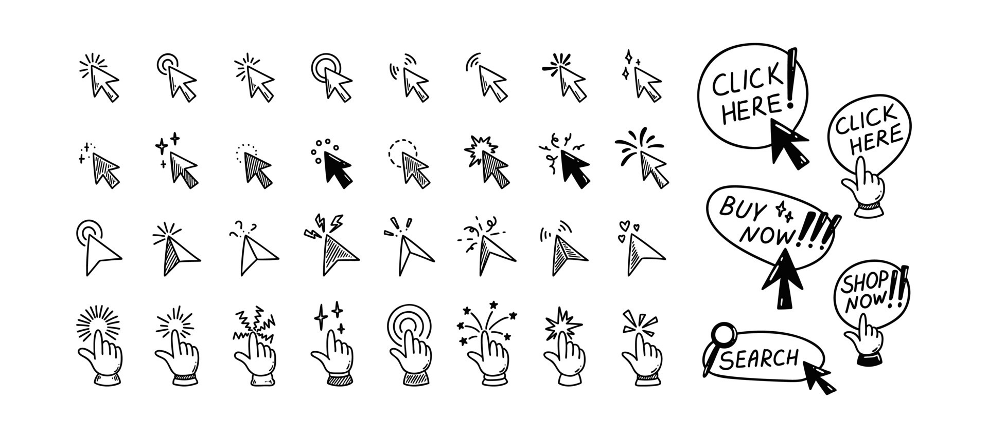 Doodle click icon set. Hand drawn mouse cursor. Press here tap button ...