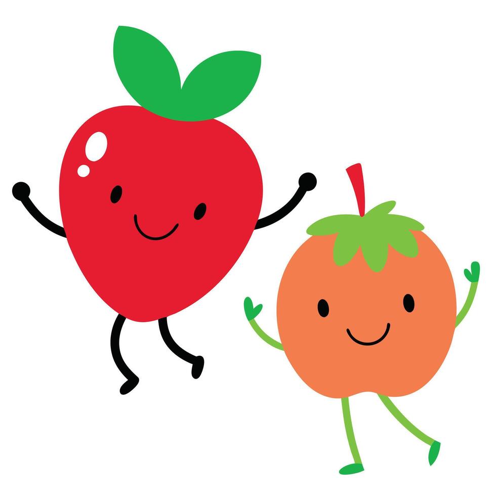 Funny Jumping Apple And Strawberry Cartoon Character Illustration Isolated White Background