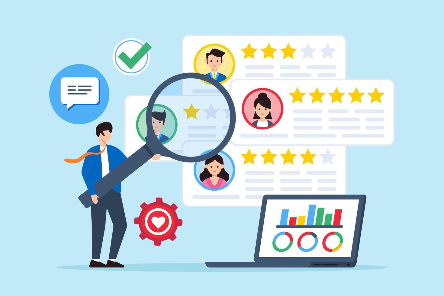 Interpreting client reviews and surveys, improving products and services concept illustration ...