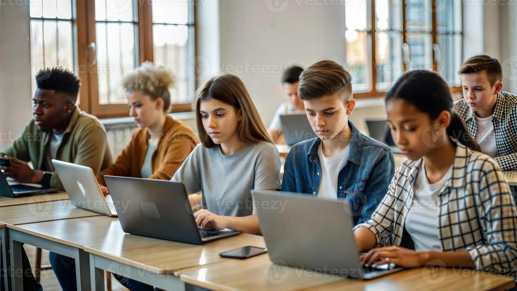 Group of multiethnic high school students using computers in classroom ... Group of multiethnic high school students using computers in classroom ...