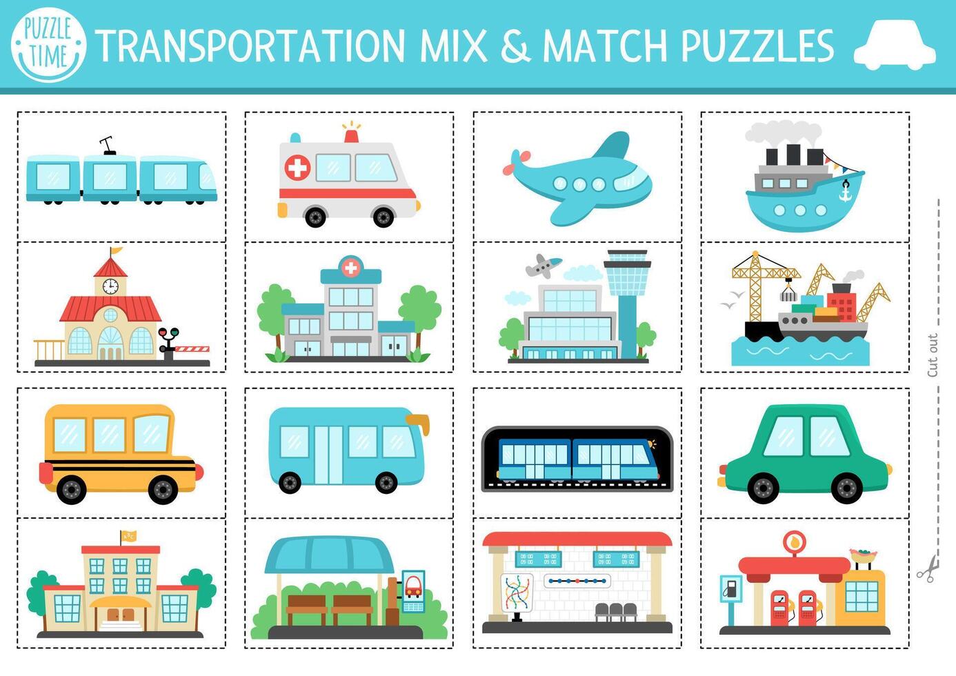 transportation mix and match puzzle with cute car, ship, train, bus ...