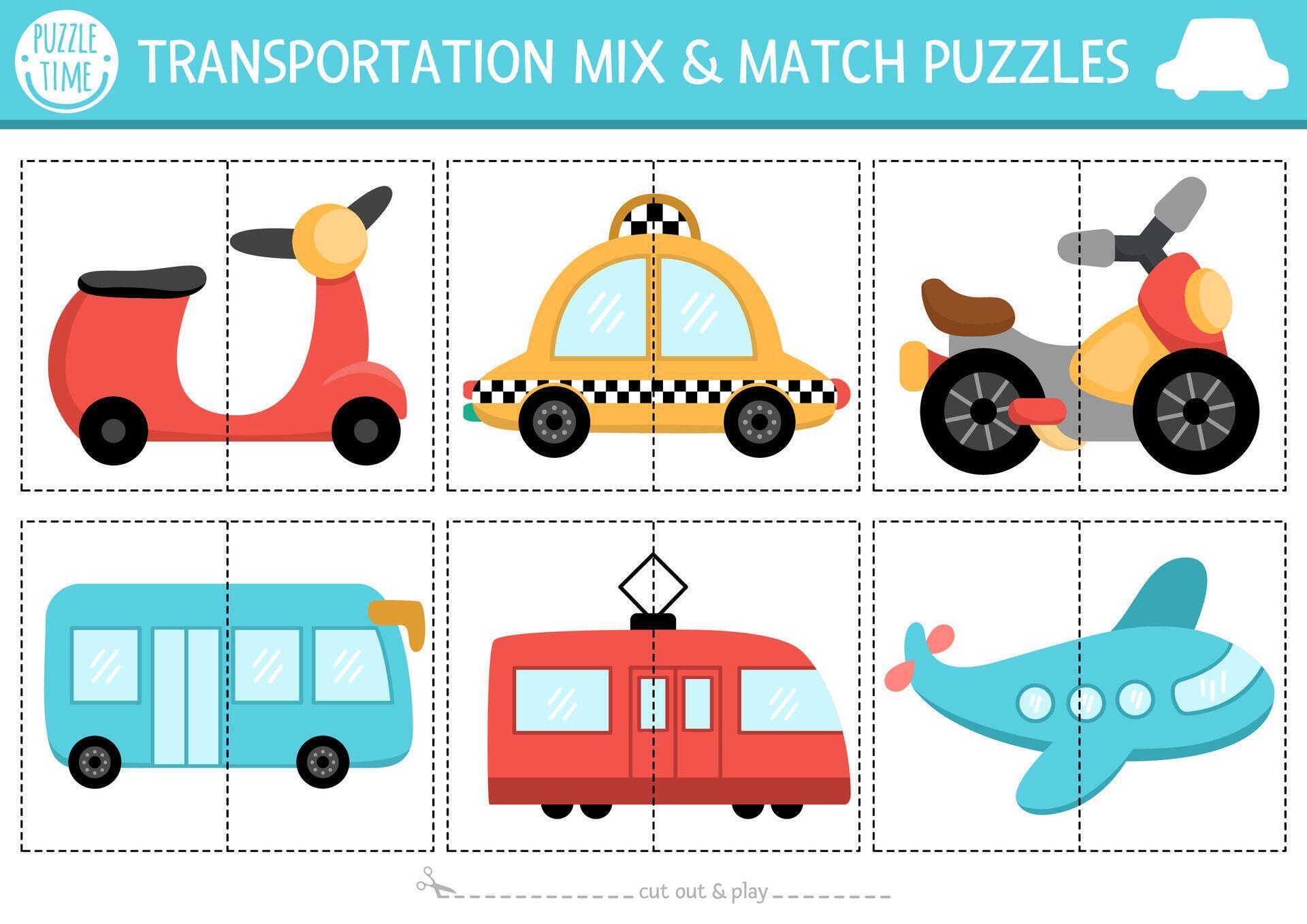 transportation mix and match puzzle with cute scooter, taxi, bus, tram ...