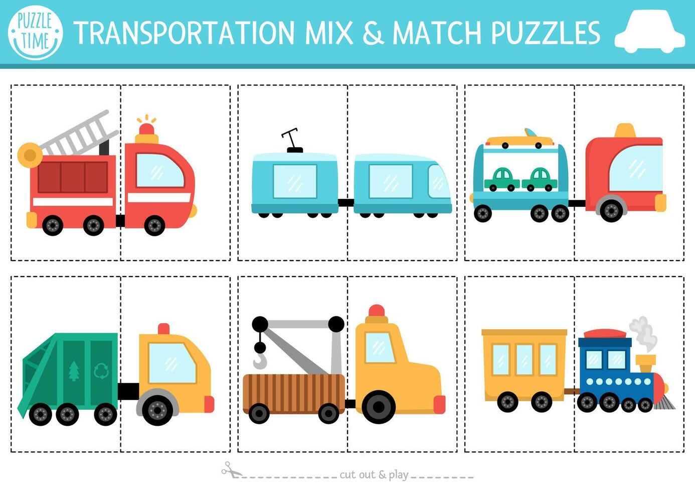 transportation mix and match puzzle with cute trucks and trains ...
