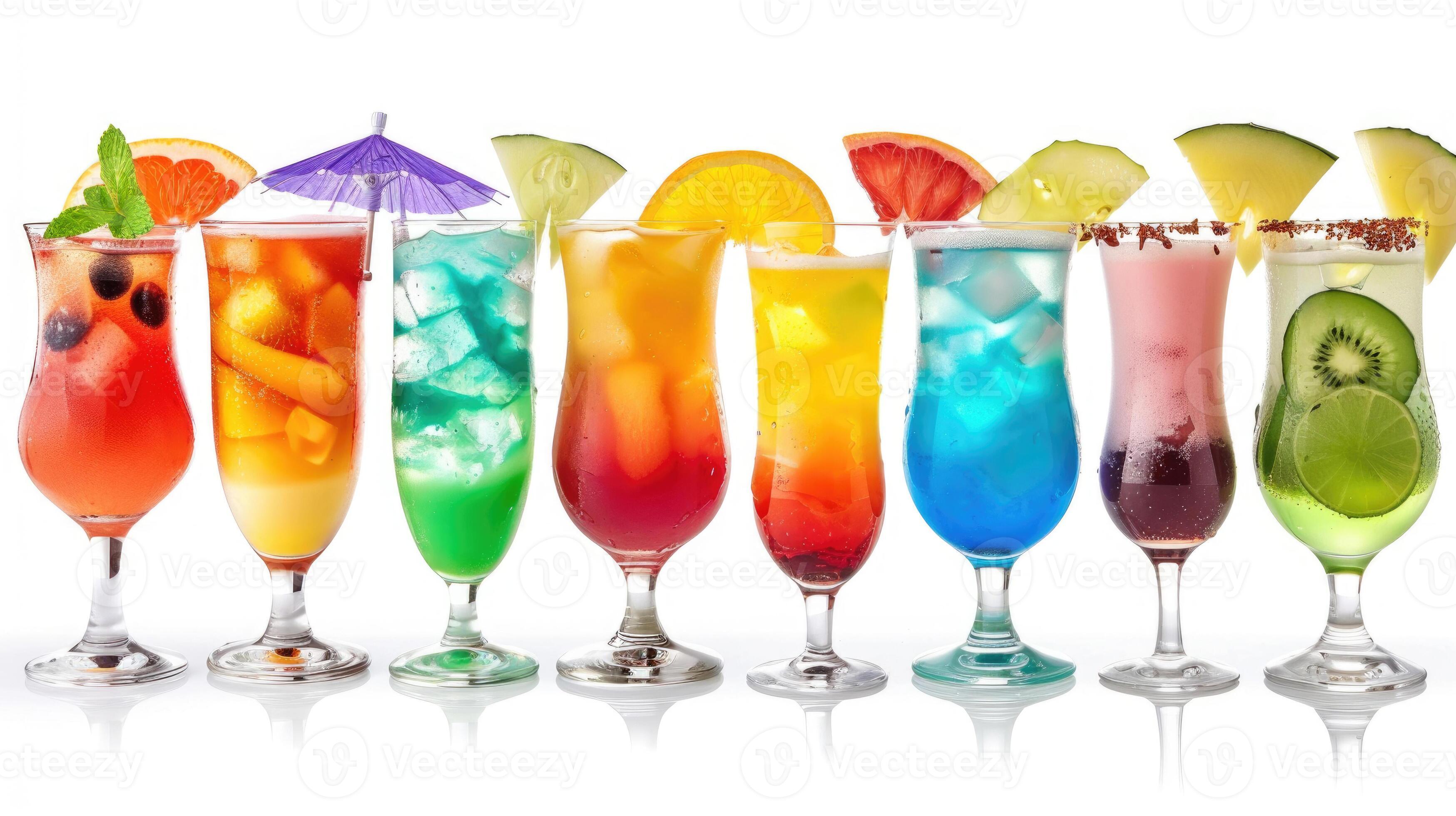 A Lineup Of Colorful Non Alcoholic Cocktails In Tall Glasses Isolated