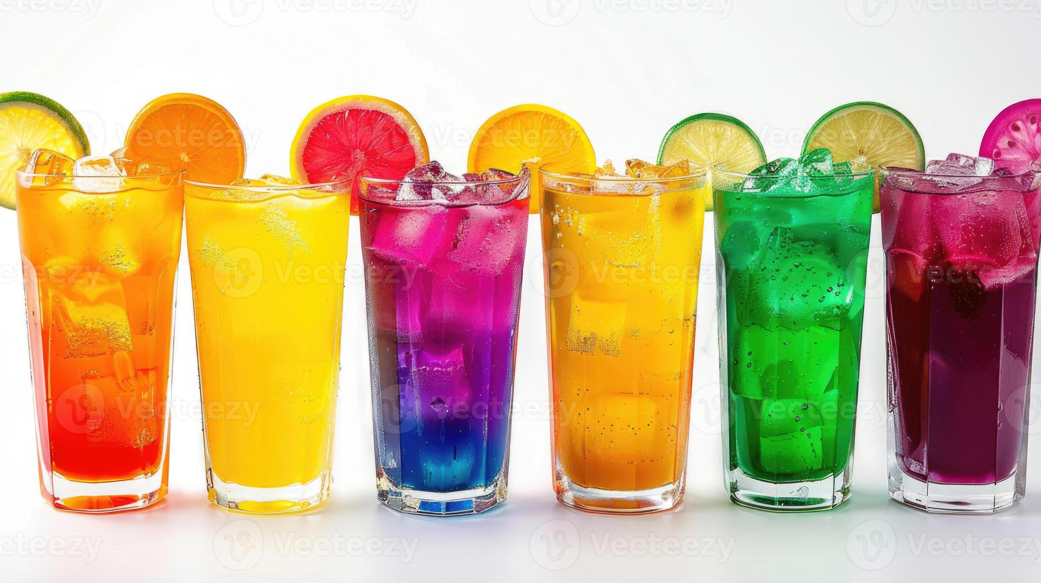 A Lineup Of Colorful Non Alcoholic Cocktails In Tall Glasses Isolated