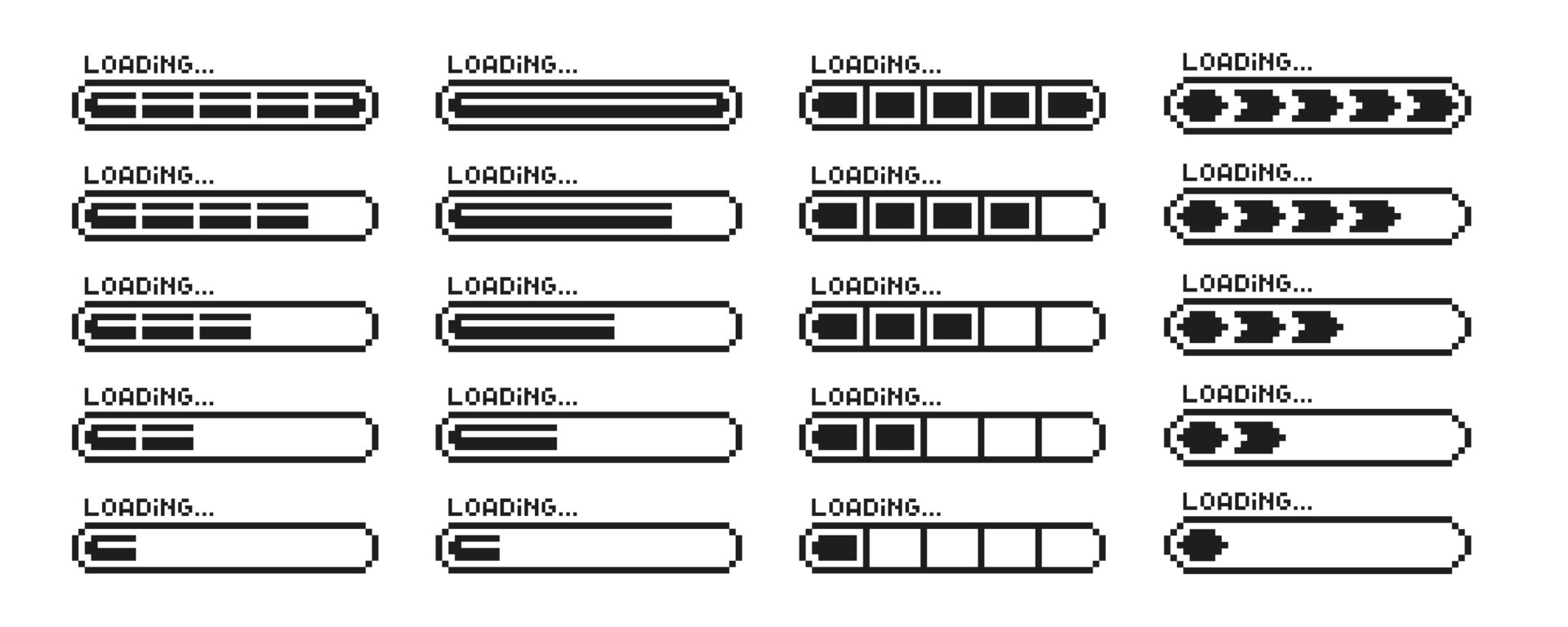 Loading Progress Bar In 90s Style 8 Bit Loader Process Status Pixel Art Style Illustration
