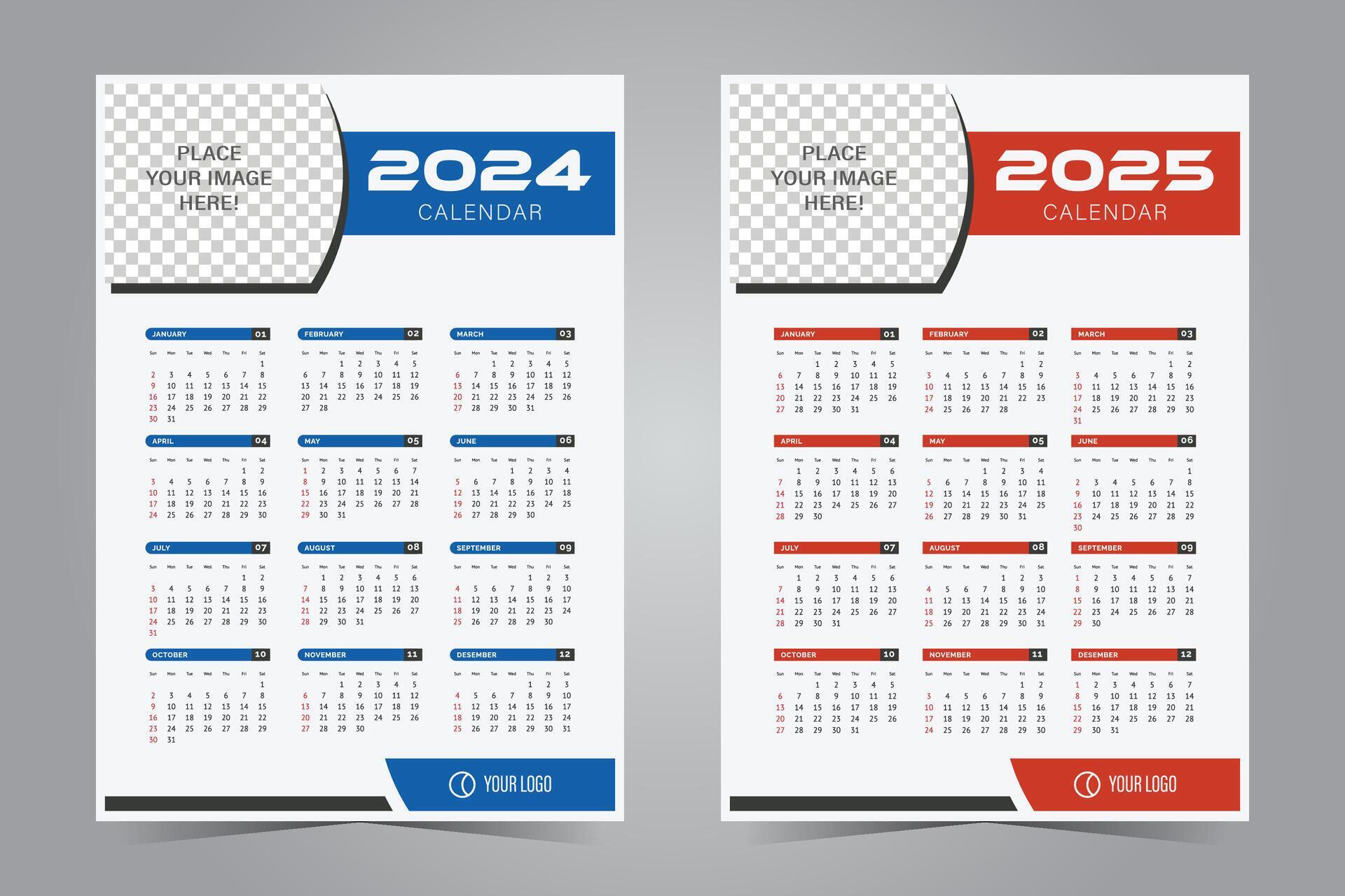 2024 and 2025 wall calendar design template. Blue and red calendar ...