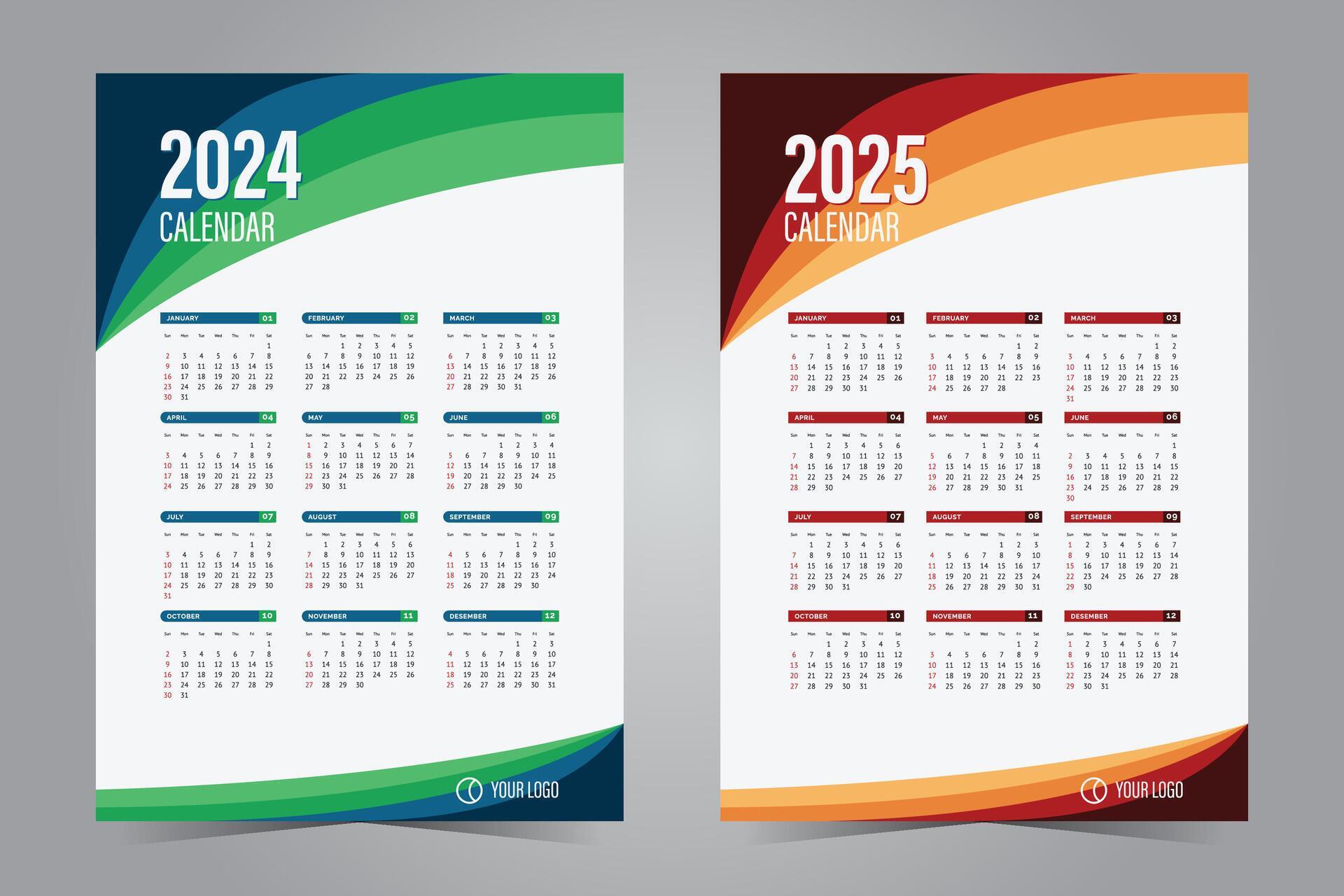2024 and 2025 wall calendar design template. green and red calendar ...