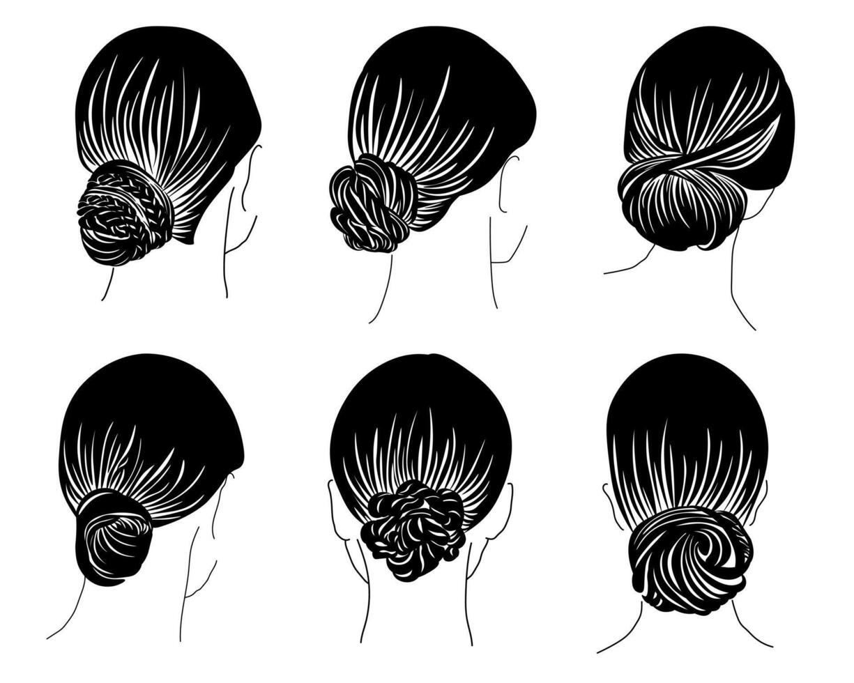 Set Of Silhouettes Of Womens Hairstyles With A Smooth Tight Bun Stylish Styling For Medium And