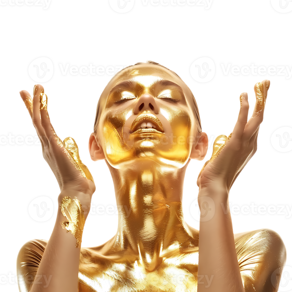 Golden Skin Model Sensual Woman With Glowing Metallic Gold Body Makeup Raising Her Hands
