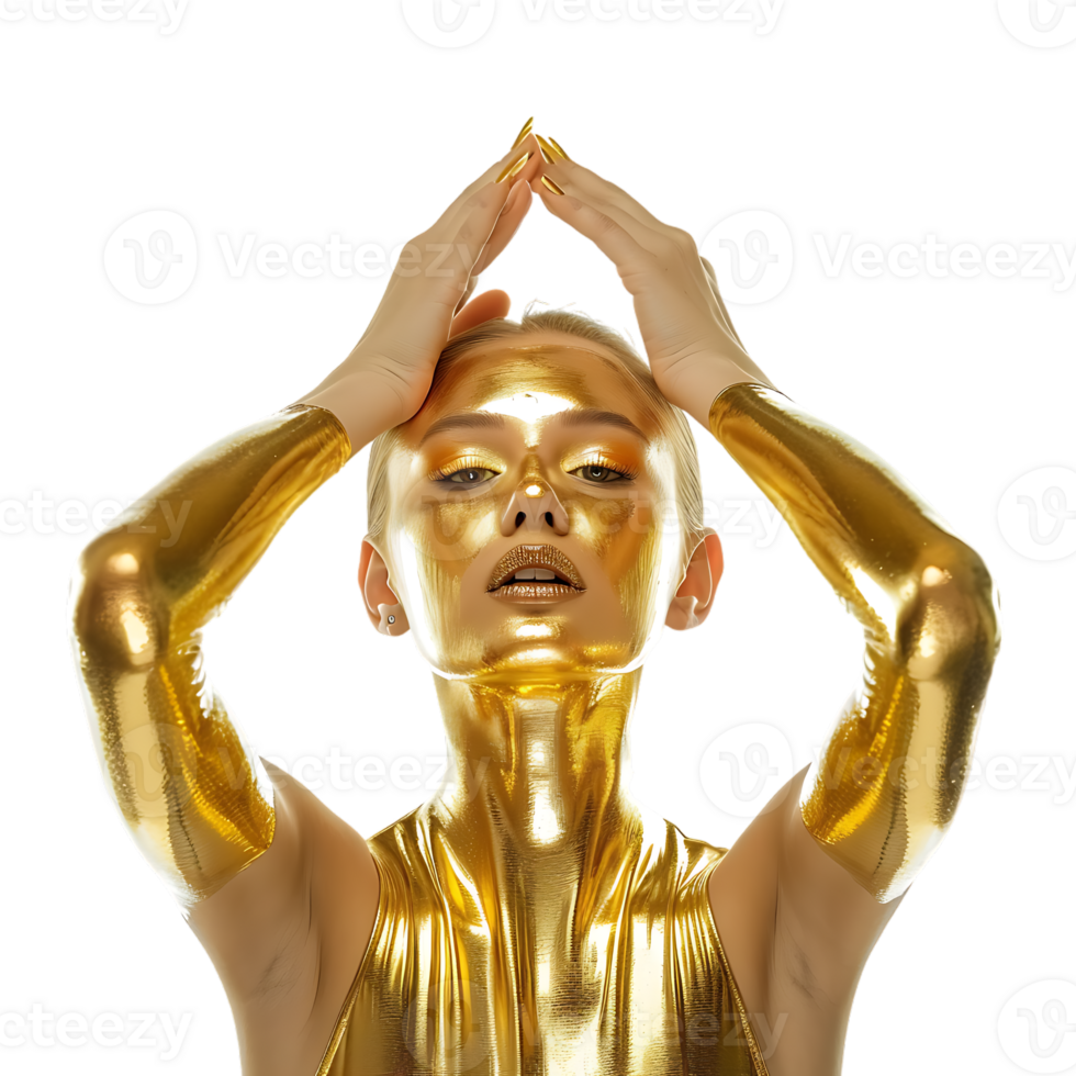 Golden Skin Model Sensual Woman With Glowing Metallic Gold Body Makeup Raising Her Hands