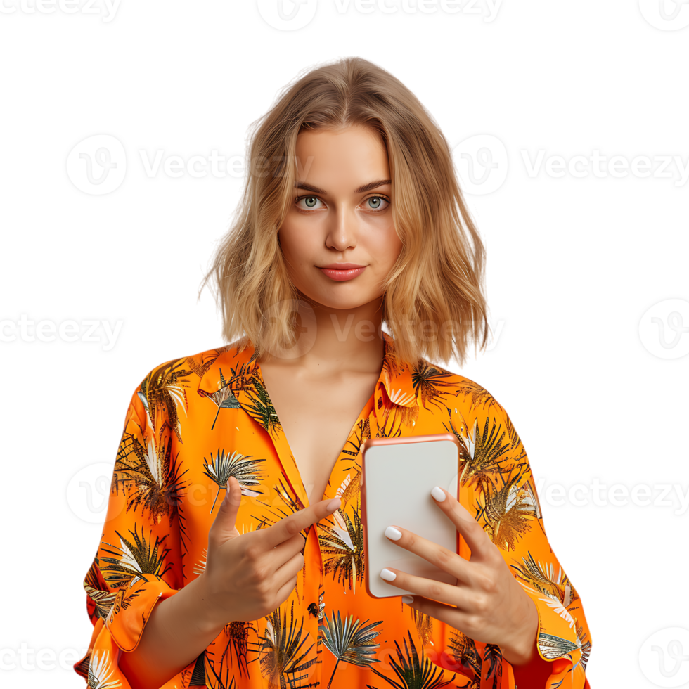 Portrait Of Young Lady Hold Gadget Point Empty Space Dressed Stylish