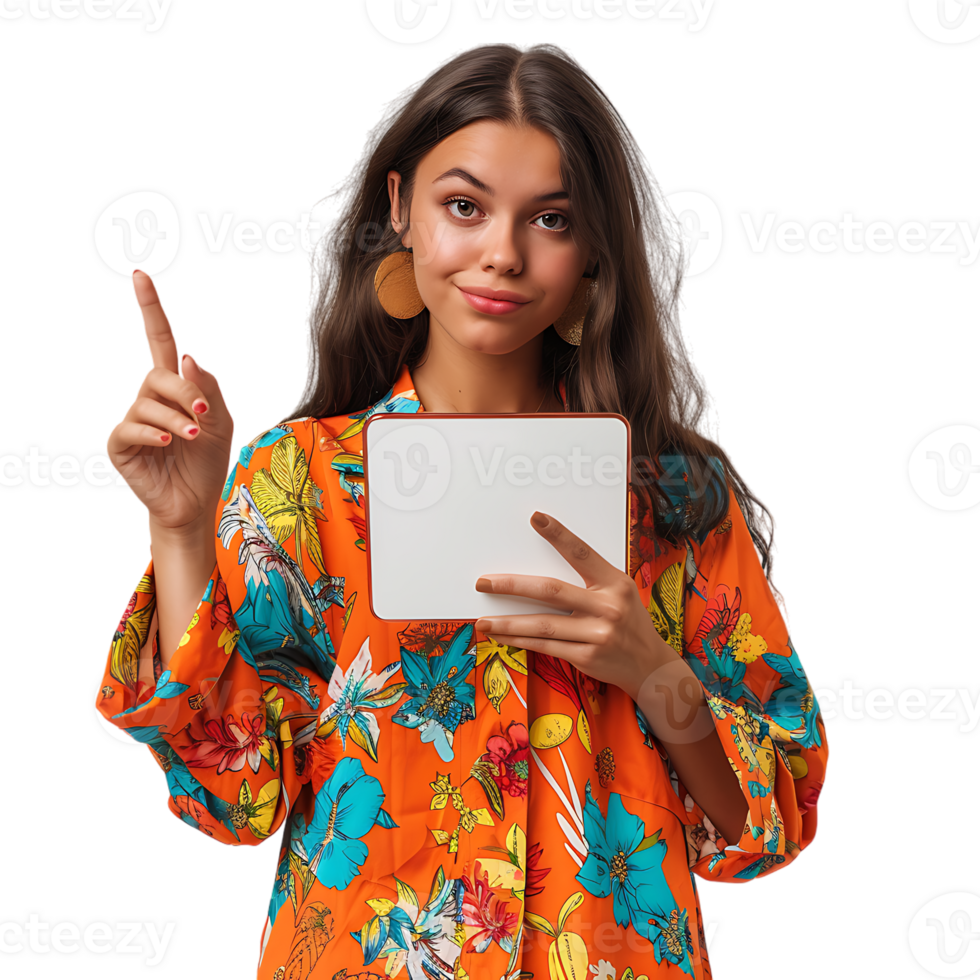 Portrait Of Young Lady Hold Gadget Point Empty Space Dressed Stylish
