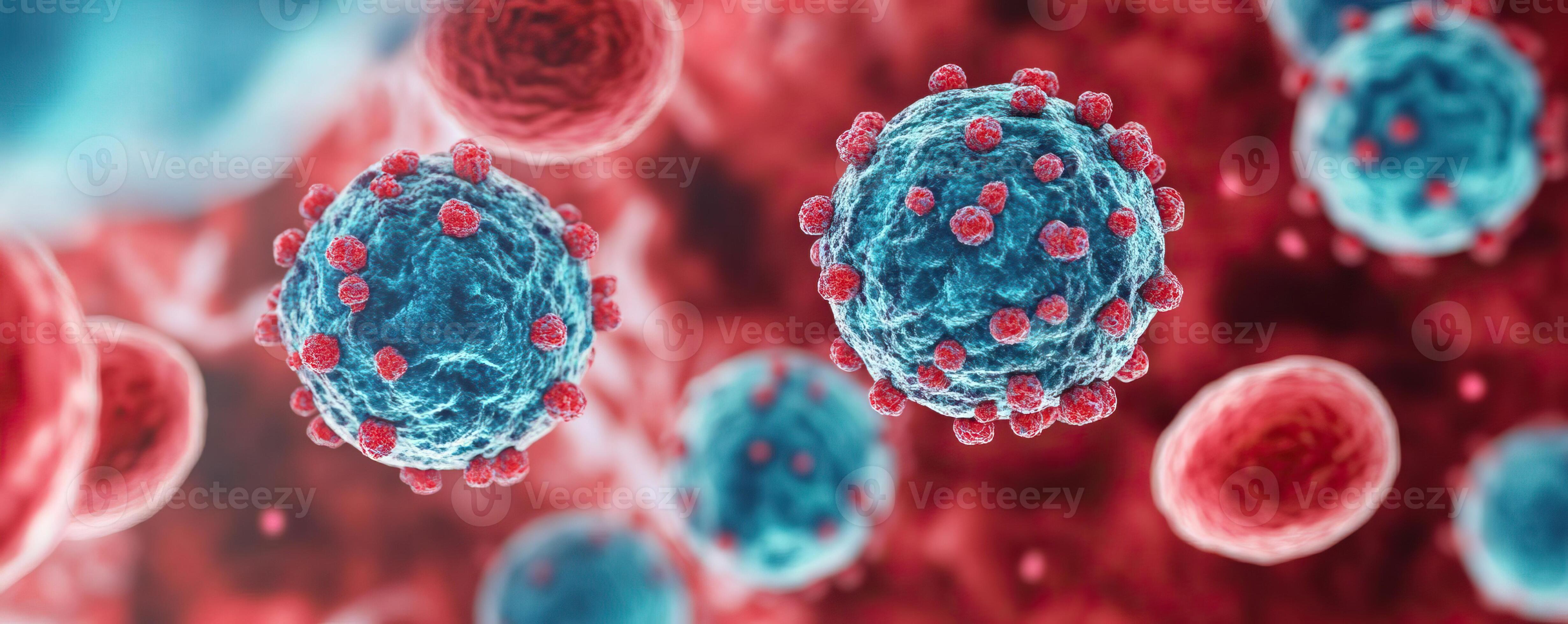 Dynamic microscopic scene showing blue and red cells floating in a fluid, abstract environment ...