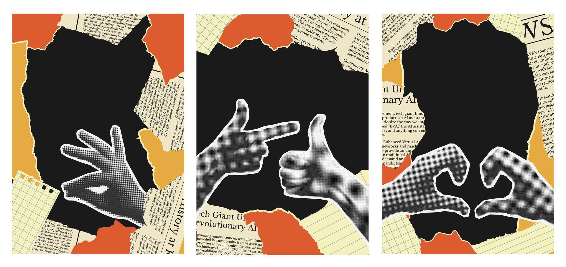 Abstract collage frame with torn piece paper and halftone hand. Poster with blank border torn ...