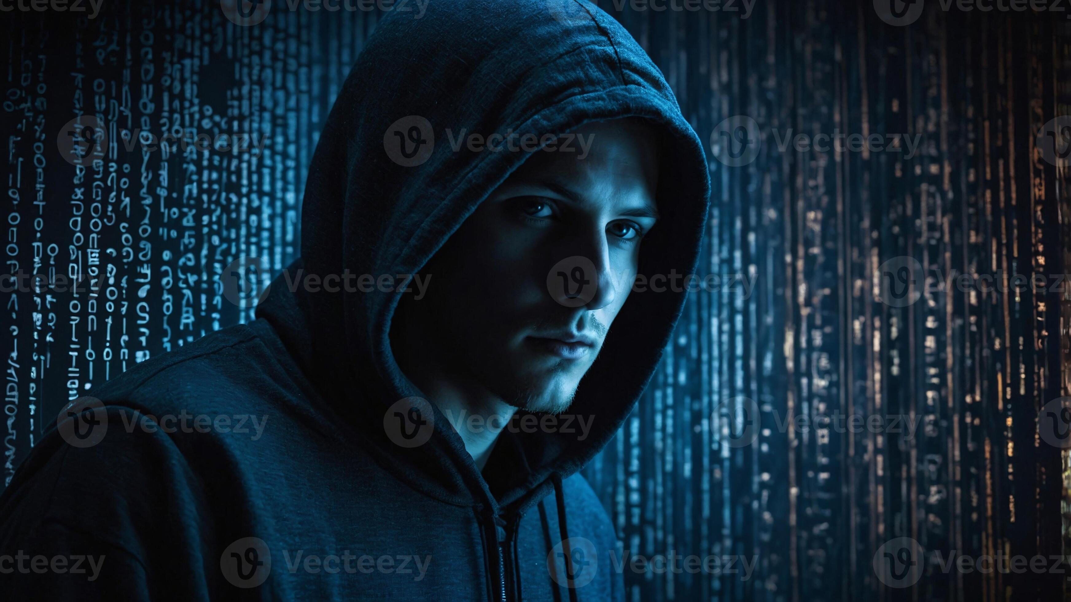 Portrait of a hacker in black hoodie with swirling binary code background, captured in high ...