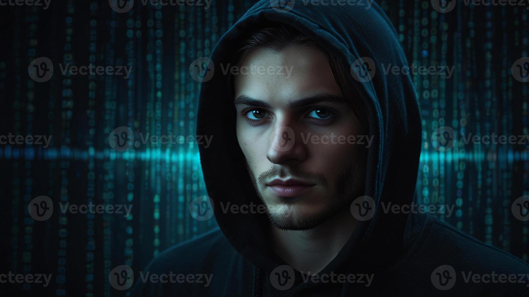Closeup Of Hacker In Black Hoodie With Swirling Binary Code Background
