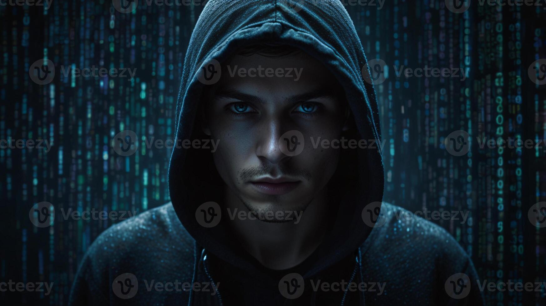 Closeup Of Hacker In Black Hoodie With Pulsating Binary Code Background High Contrast Blue