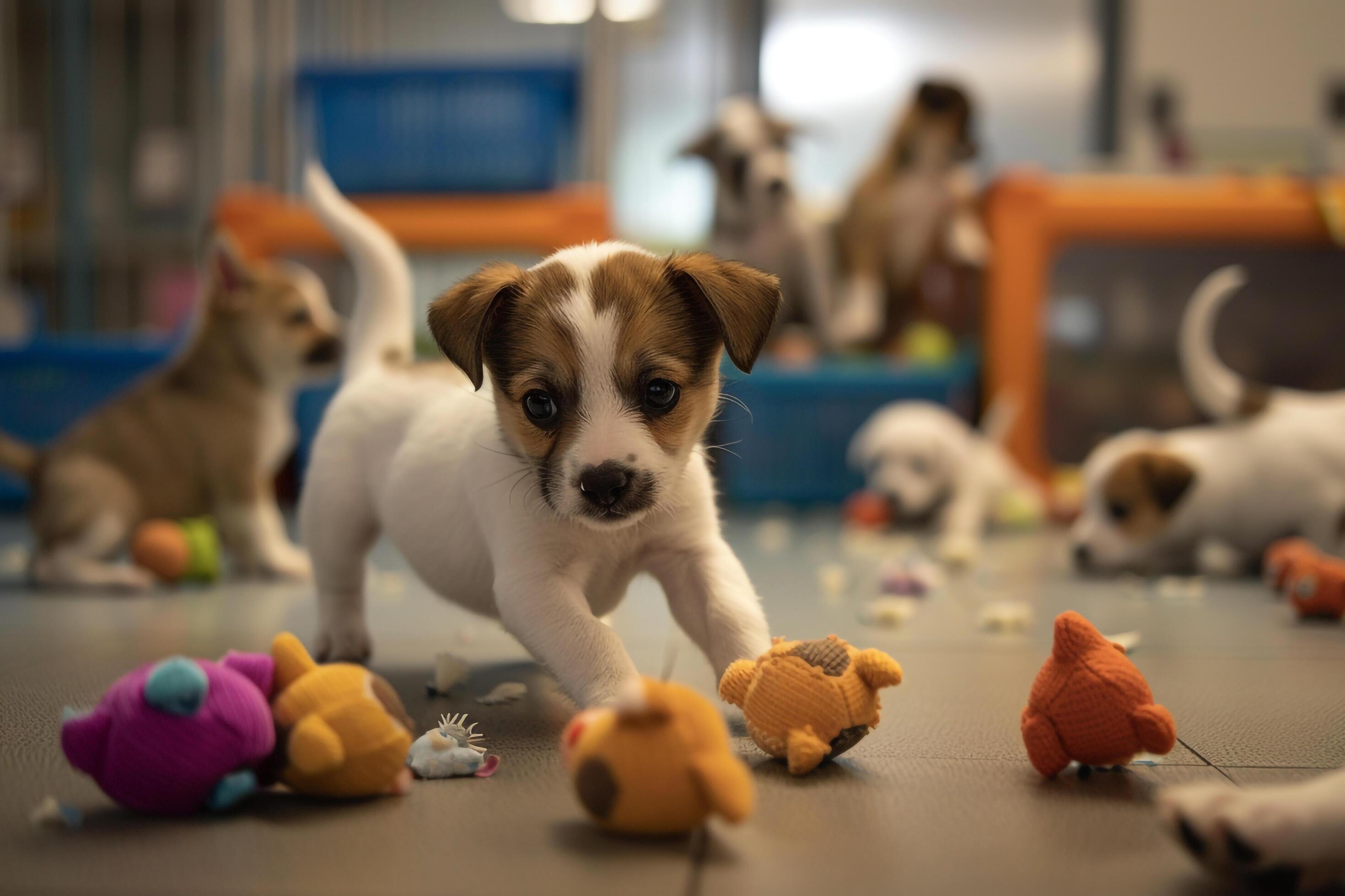 Hopeful group of puppies playing with donated toys in brightly lit playroom tails wagging as ...