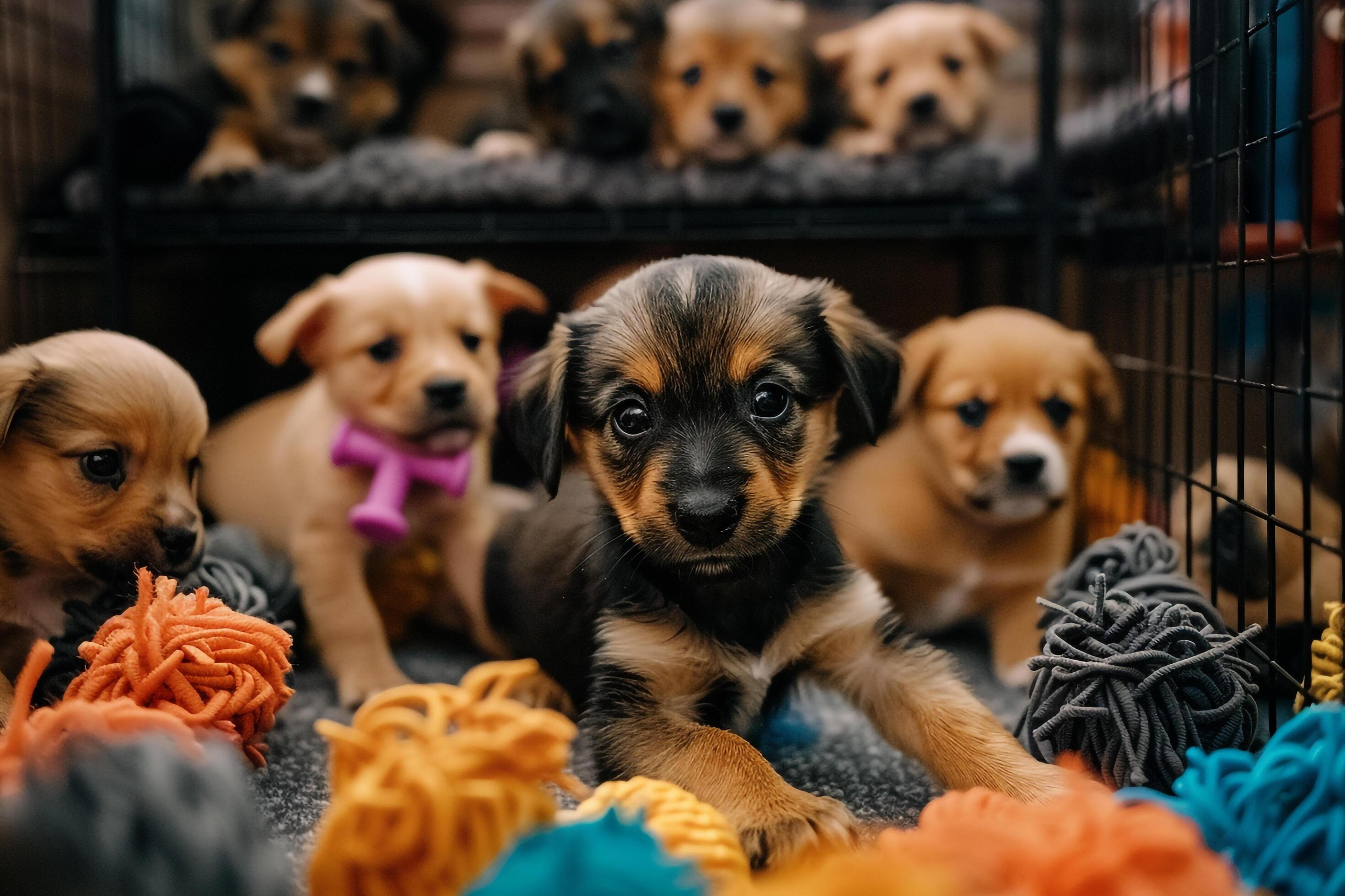 Puppies playing with chew toys in playpen at an animal shelter tails wagging with joy 48610885 ...
