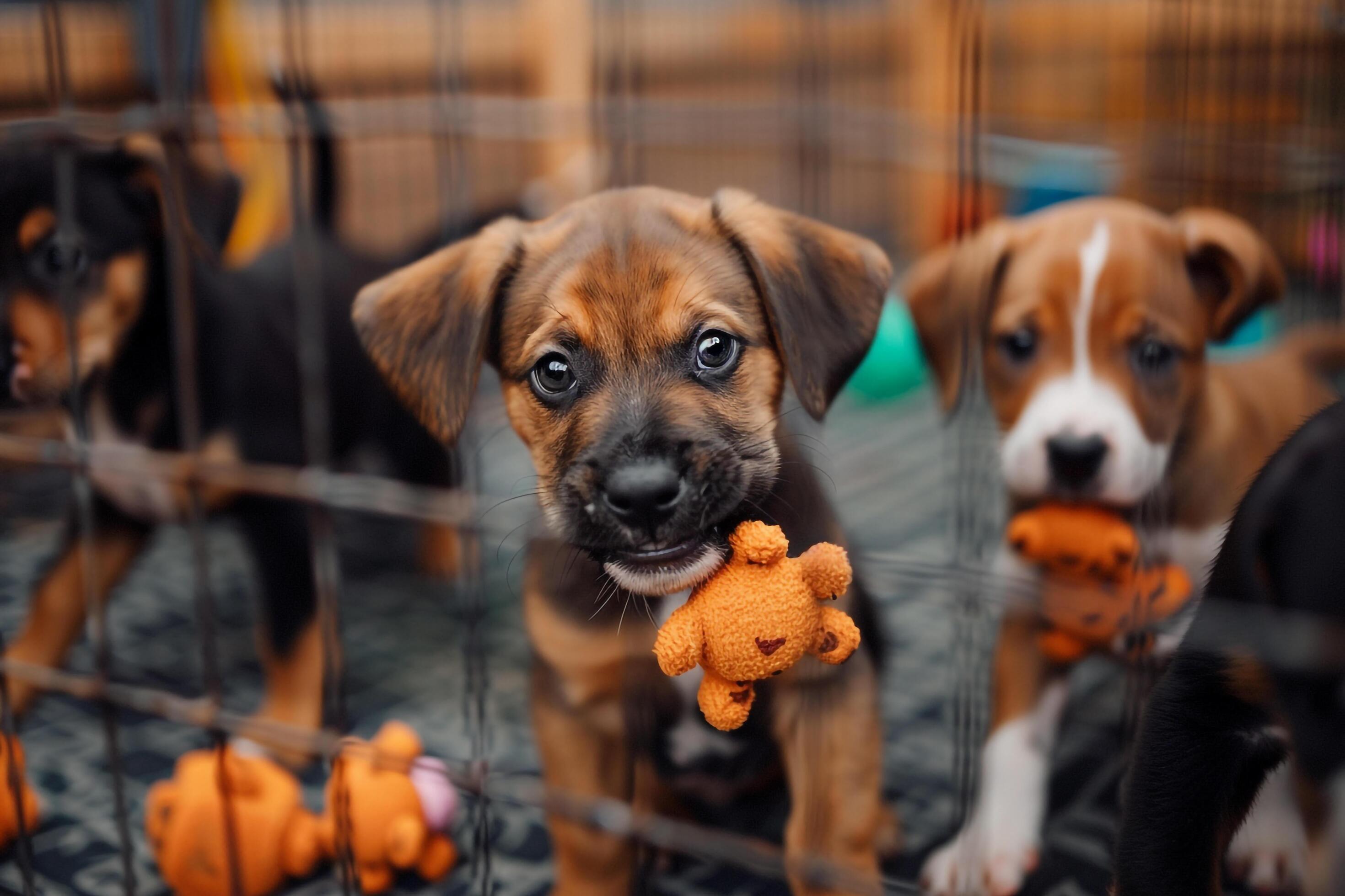group of puppies playing with chew toys in playpen at rescue shelter tails wagging with joy ...