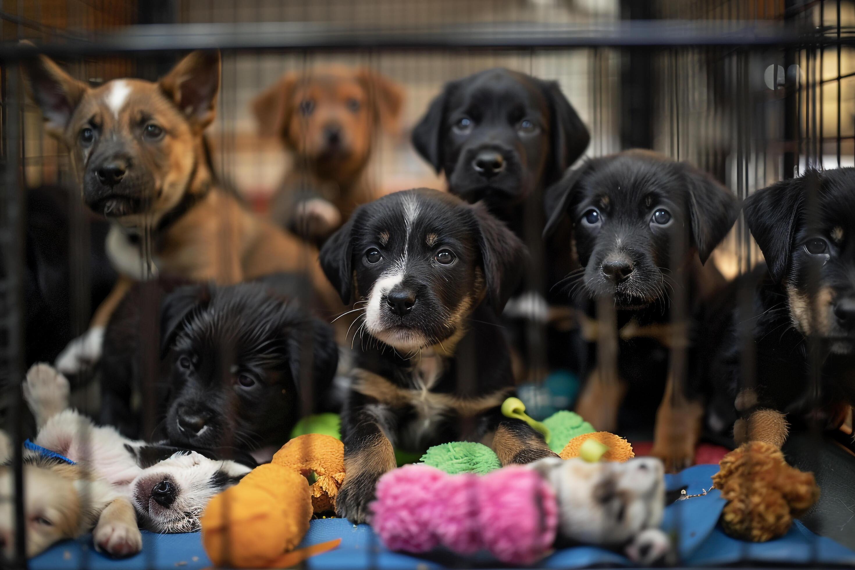litter of puppies playing with chew toys in playpen at an animal shelter tails wagging with joy ...