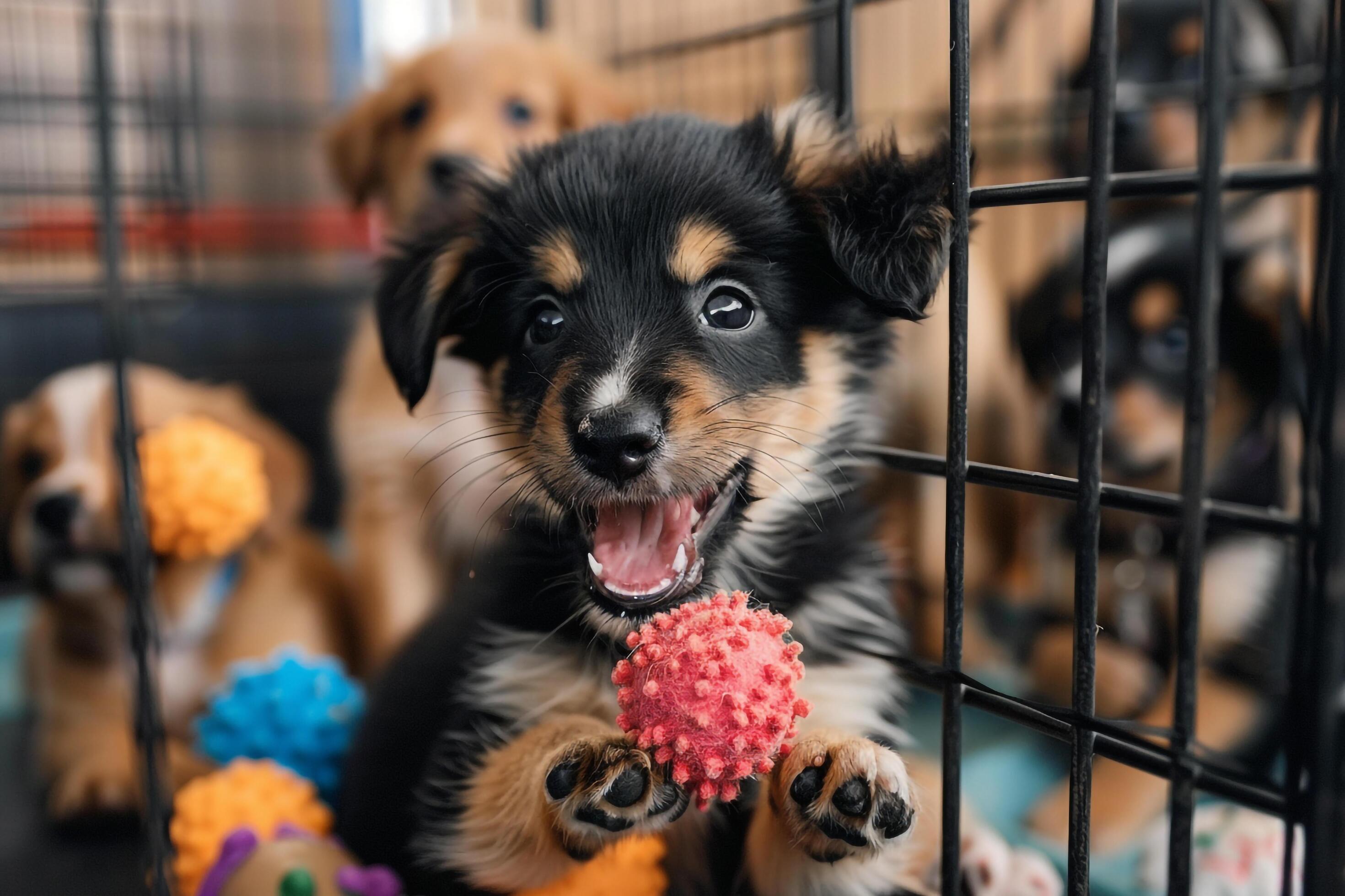group of puppies playing with chew toys in playpen at rescue shelter tails wagging with joy ...