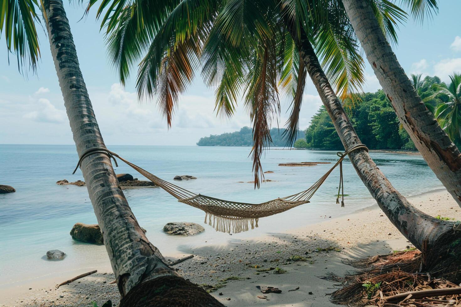 Beach with palm trees and hammock tied between two trees overlooking turquoise waters nature ...