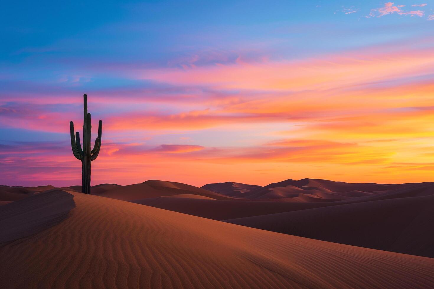 Desert Landscape with Golden Sand Dunes and Lone Saguaro Cactus Silhouetted Against Vibrant ...
