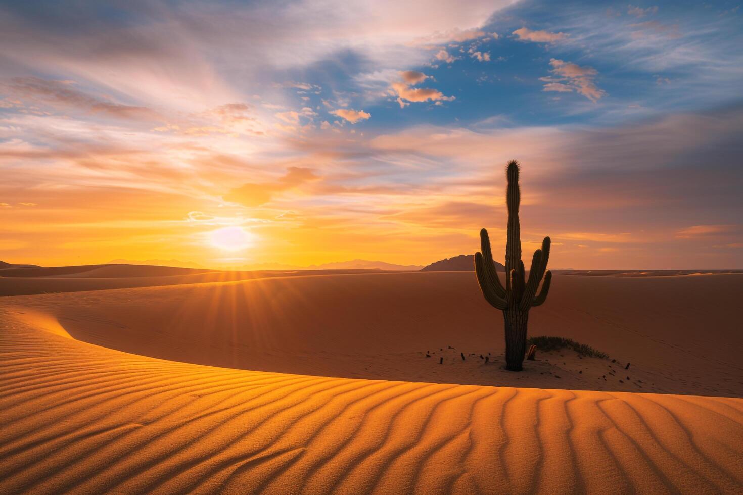 Desert Landscape with Golden Sand Dunes and Lone Saguaro Cactus Silhouetted Against Vibrant ...