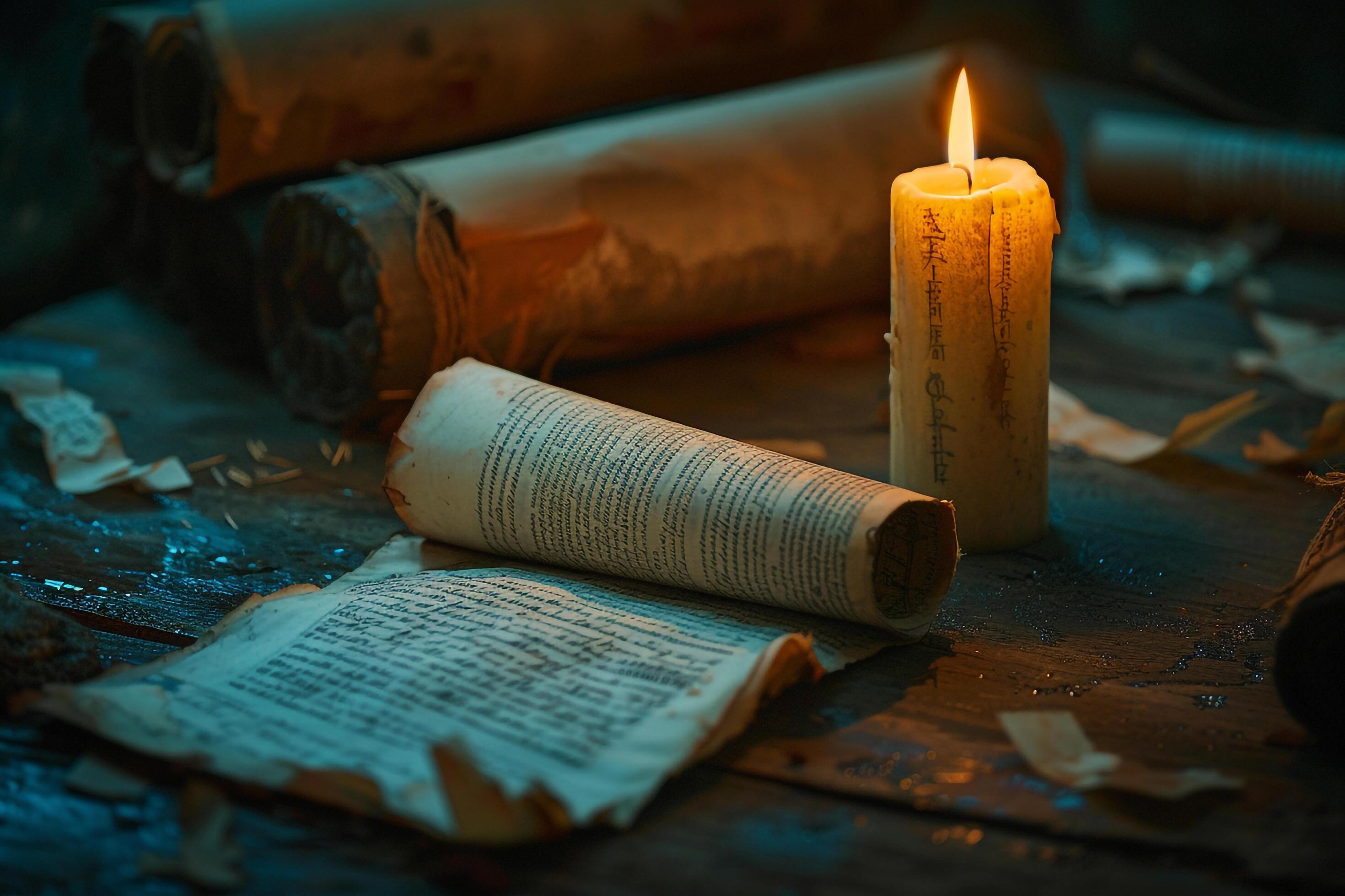 Shadows of ancient scrolls illuminated by flickering candlelight in a ... Shadows of ancient scrolls illuminated by flickering candlelight in a ...
