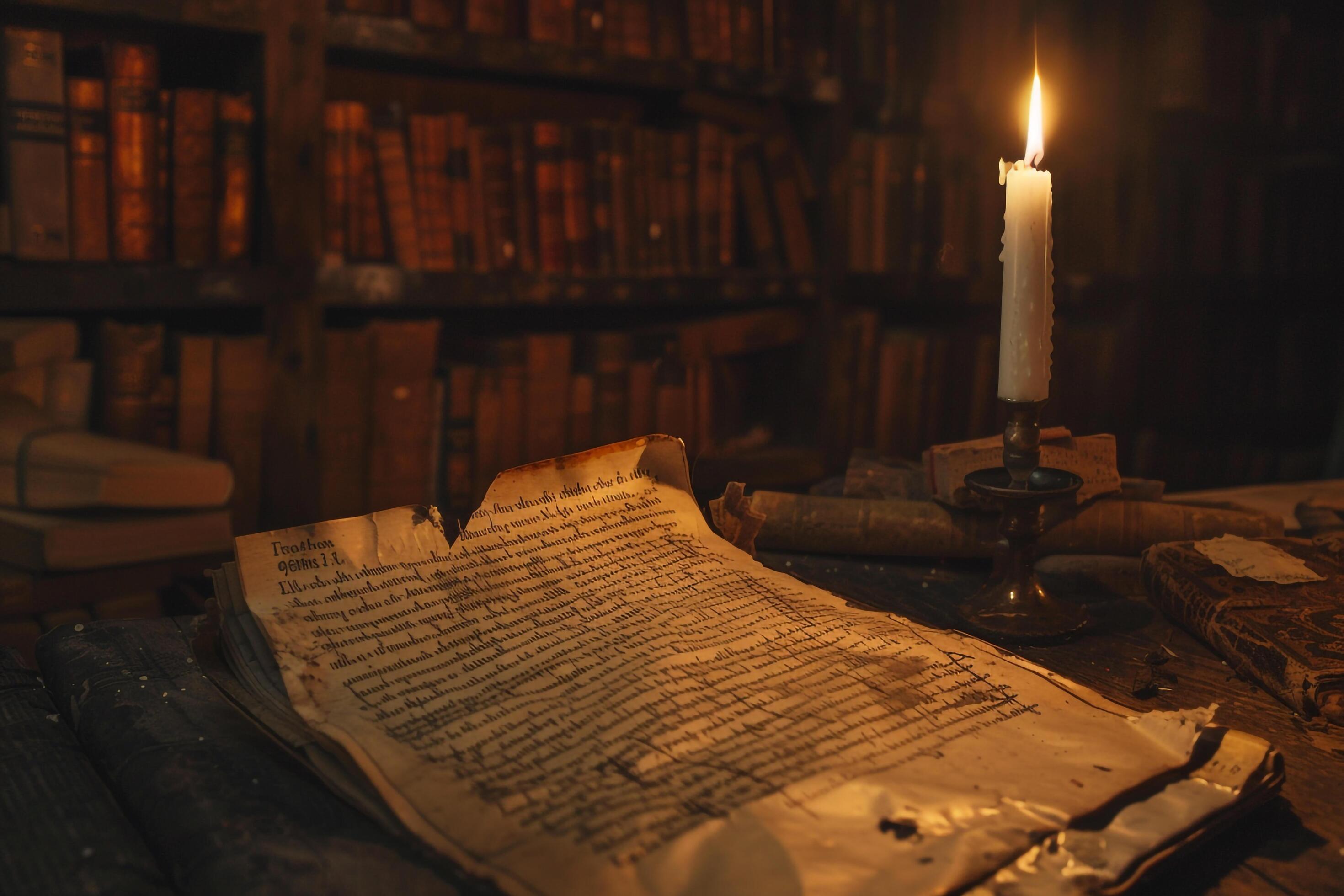 Flickering candlelight casting shadows on old manuscripts in dusty ... Flickering candlelight casting shadows on old manuscripts in dusty ...