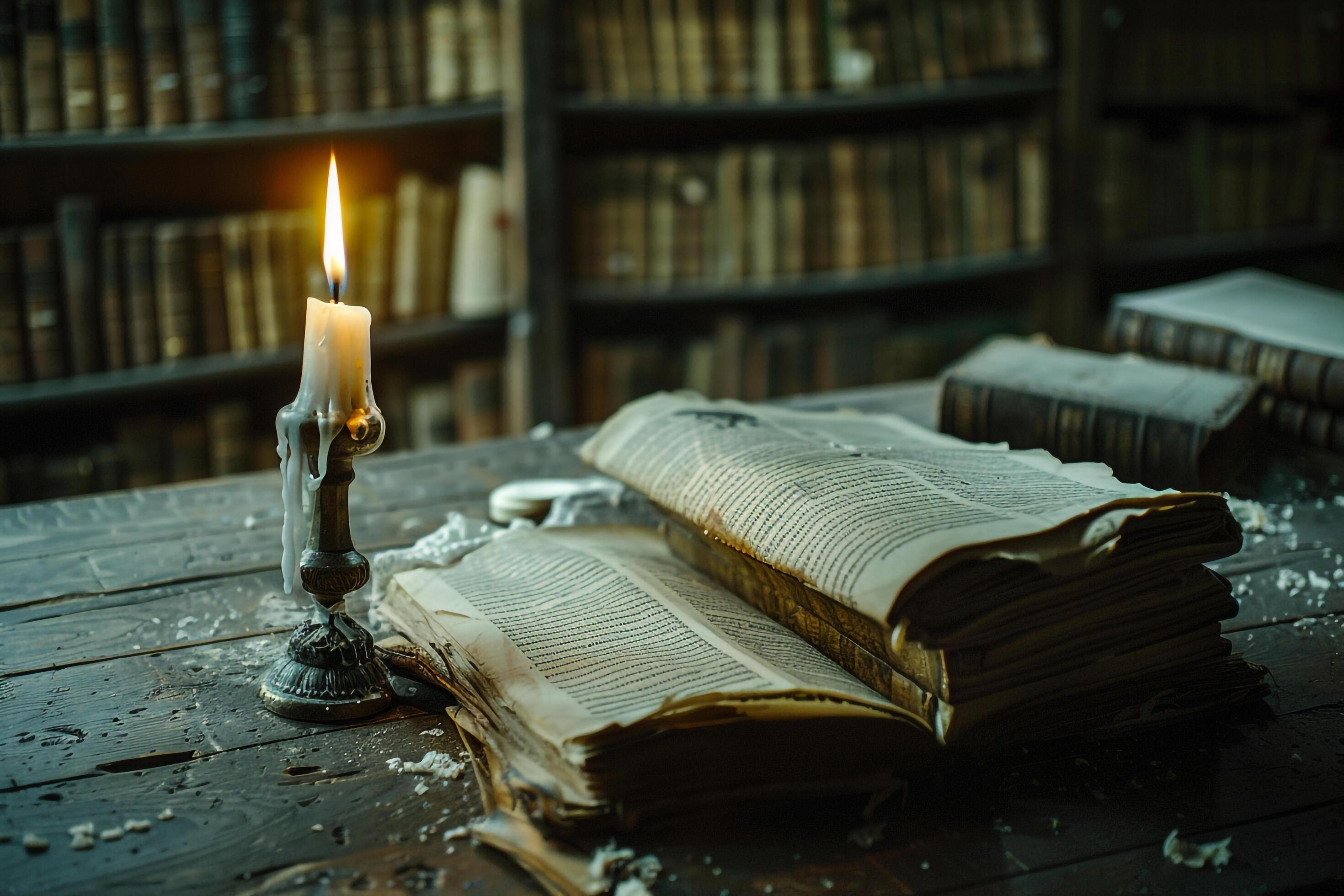 Flickering candlelight casting shadows on old manuscripts in dusty ... Flickering candlelight casting shadows on old manuscripts in dusty ...