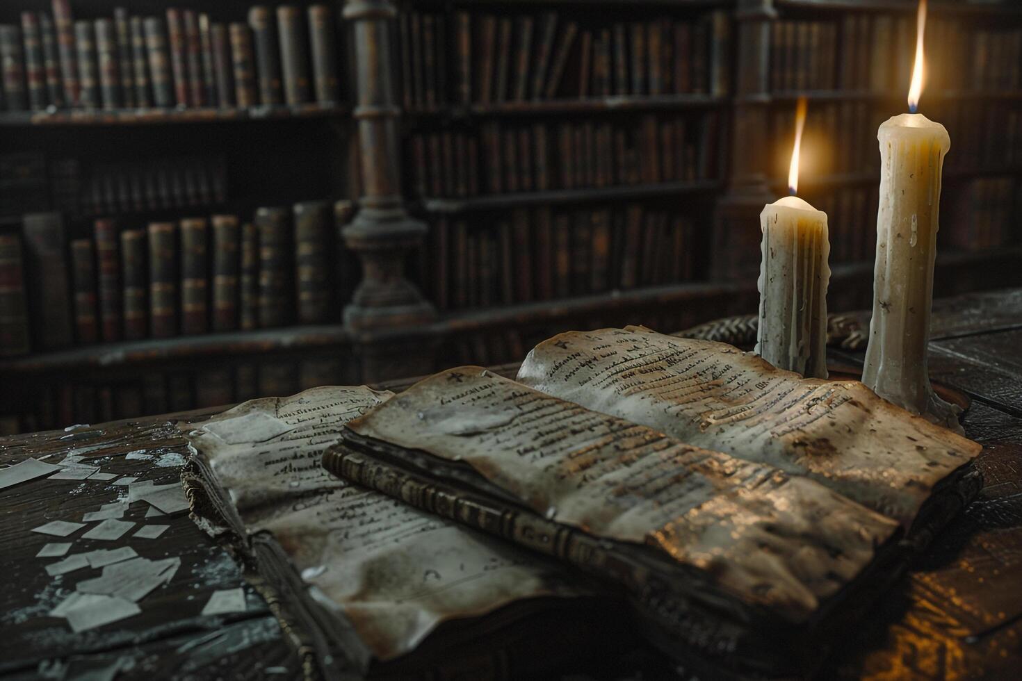 Flickering candlelight casting shadows on old manuscripts in dusty ... Flickering candlelight casting shadows on old manuscripts in dusty ...